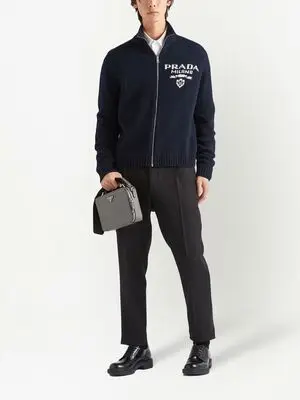 Prada Intarsia-Knit Logo Zip-Up Cardigan - F0008 Navy | Editorialist